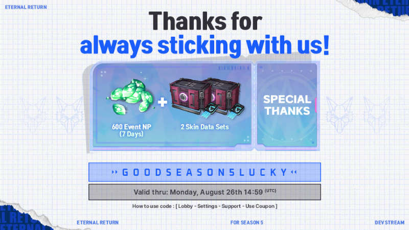 Eternal Return - Season 5 Dev Stream Coupon - Steam News