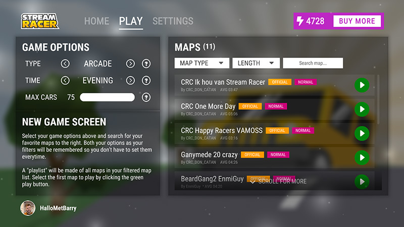 Steam :: Stream Racer :: 2.1.0 - NEW GAME SCREEN