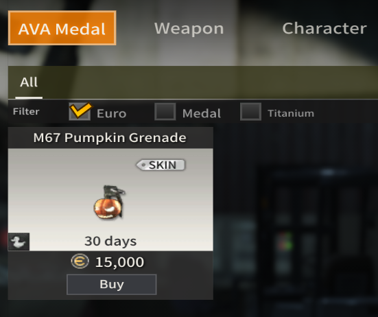 Where you can get this item: Shop >> AVA Medal >> M67 Pumpkin Grenade